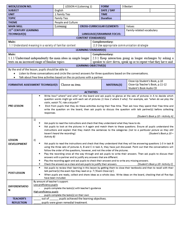 Close-Up Form 3 English Lesson Plan | PDF | Question | Conversation