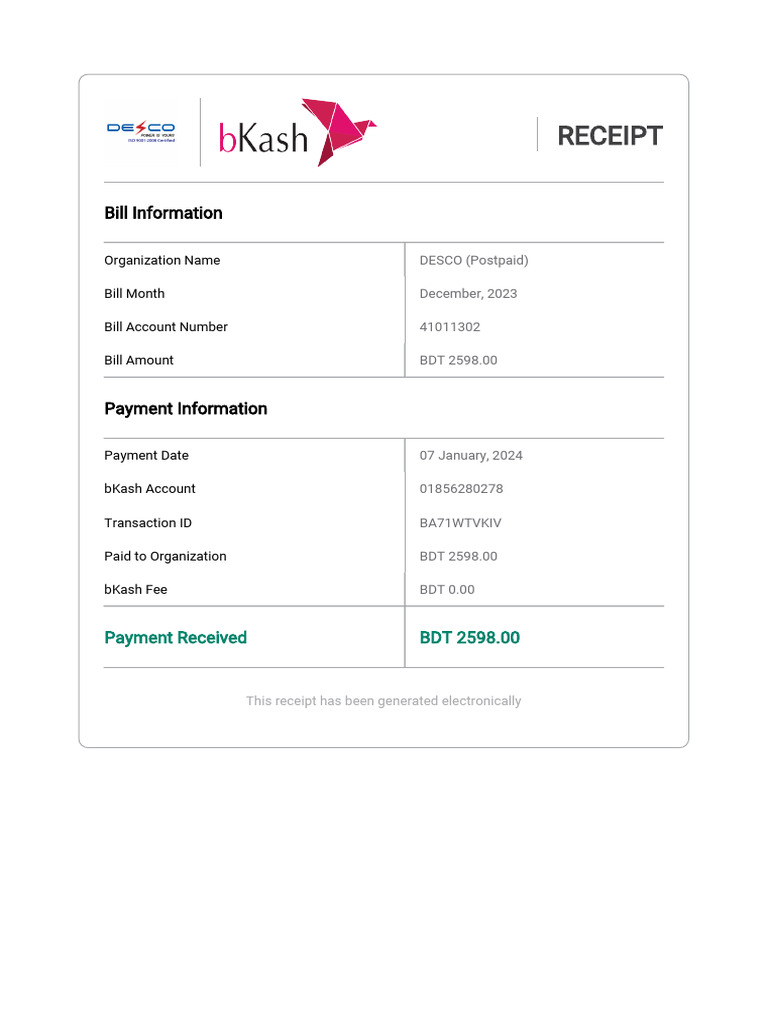 DESCO Bill Payment Receipt | PDF