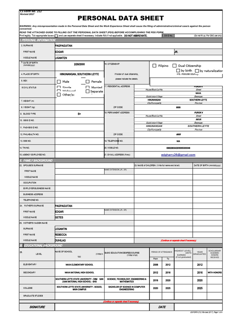 CS Form No. 212 Personal Data Sheet Revised | Download Free PDF ...