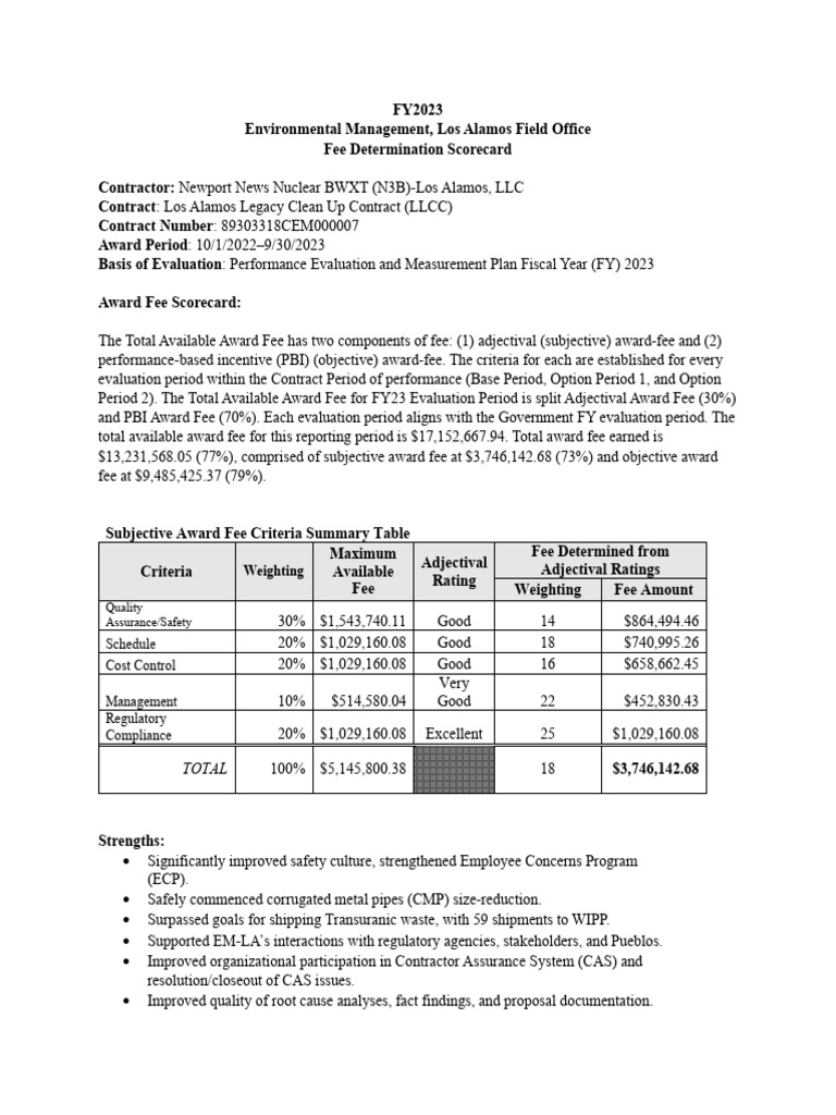 FY2023 Los Alamos Award Fee Summary | PDF | Business