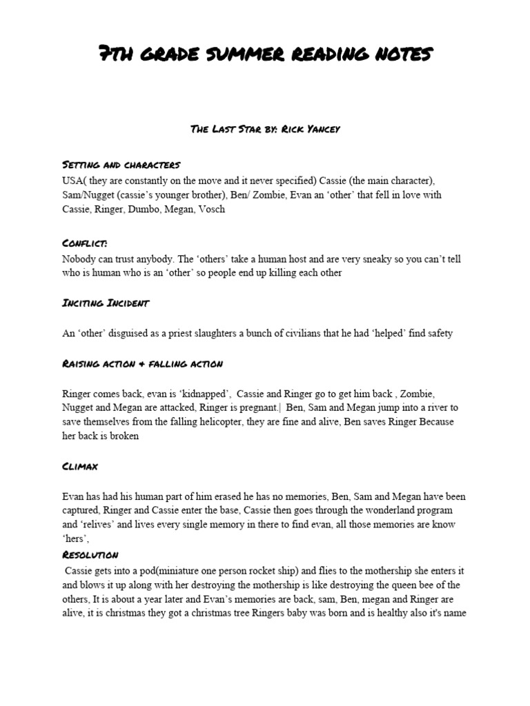 7th Grade Summer Reading Notes | PDF