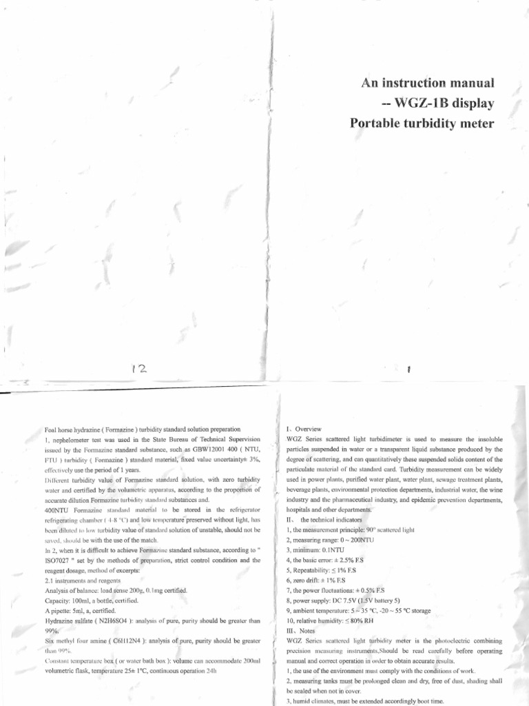 Instrucction Manual WGZ-1B Portable Turbidity Meter | PDF | Applied And Interdisciplinary ...