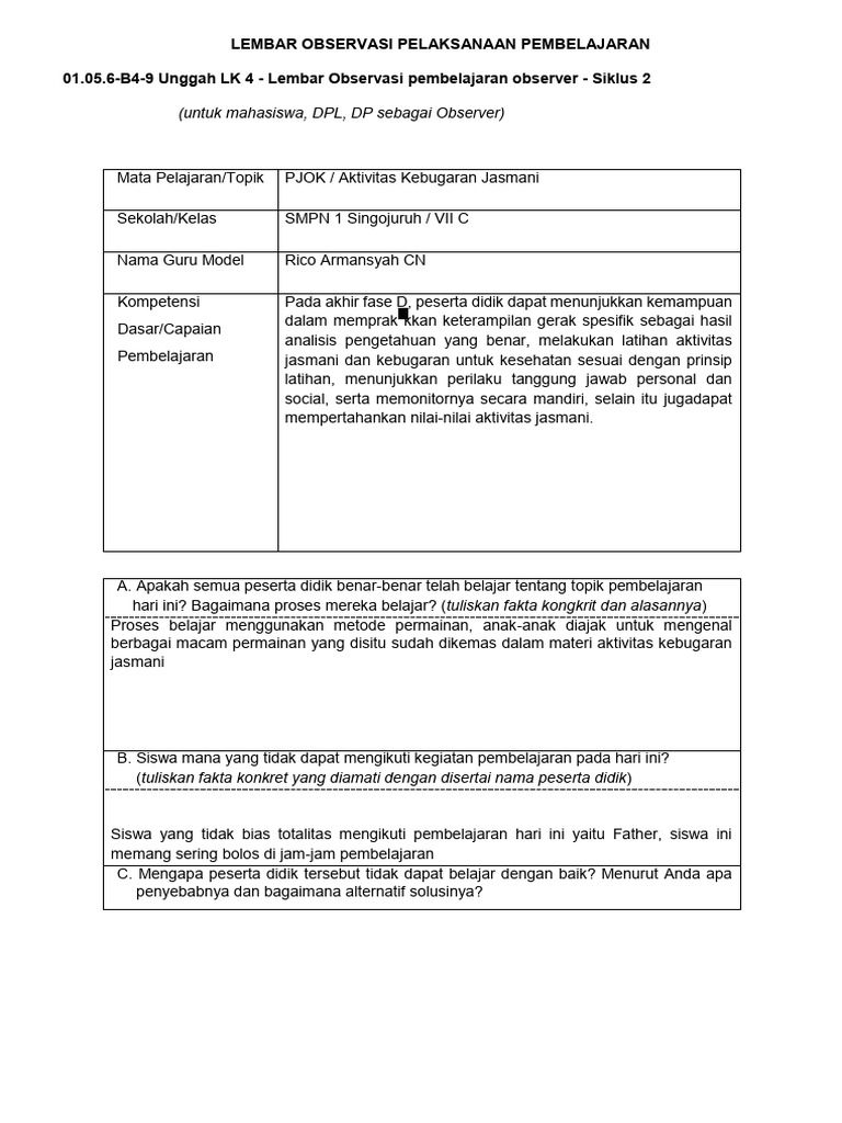 Rico Armansyah CN. 01.05.6-B4-9 Unggah LK 4 - Lembar Observasi Pembelajaran Observer - Siklus 2 ...