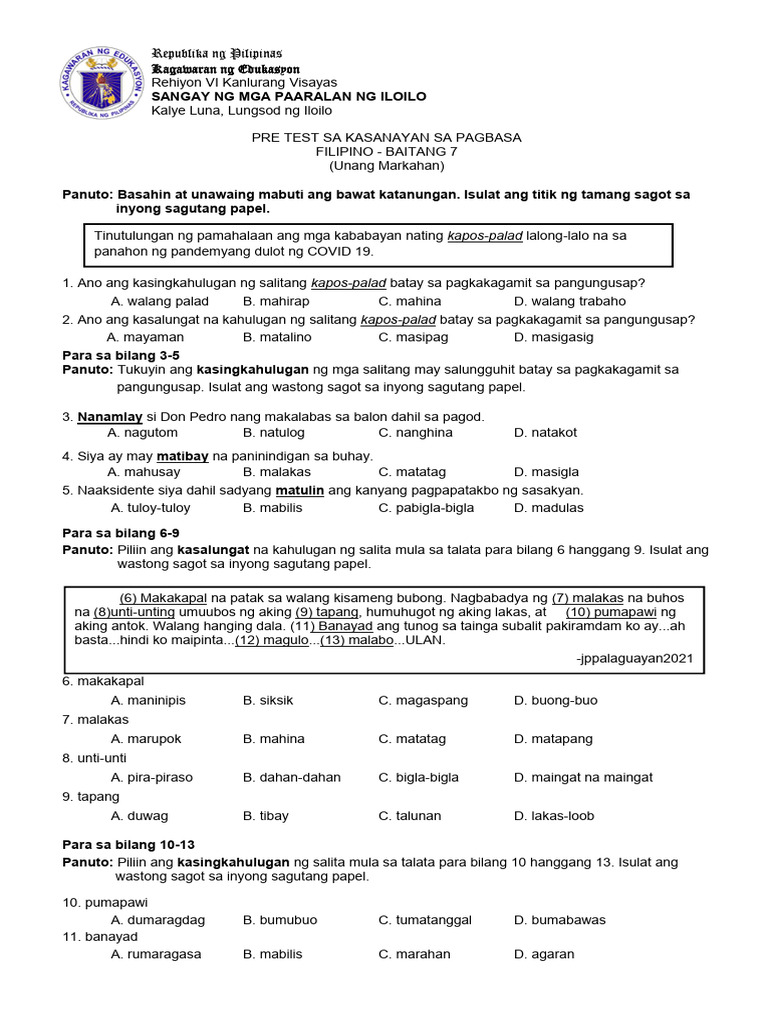 PAGBASA Pretest QUarter 1 - G7-FINAL | PDF
