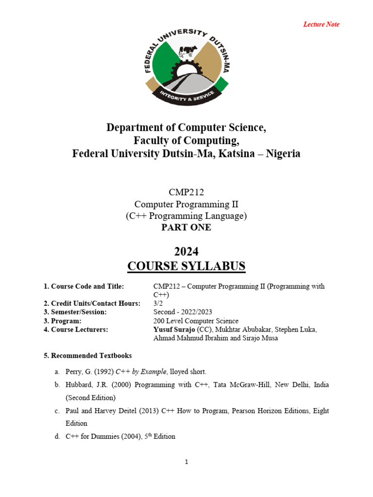 CMP 212 2024 Lecture Note Part One | PDF | C++ | Computer Program