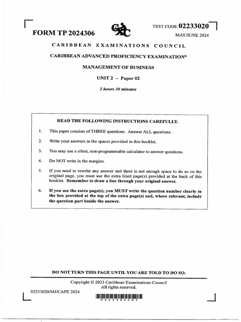 CAPE Management of Business 2024 U2 P2 | PDF