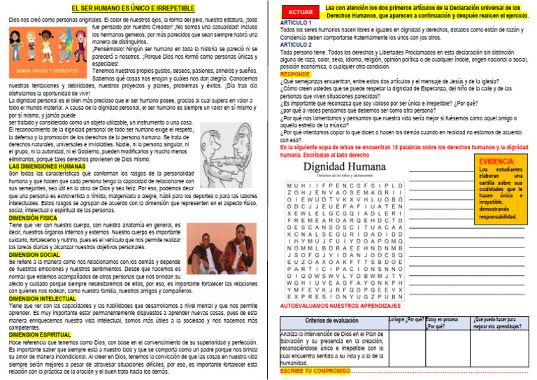 Ficha El Ser Humano Es Único e Irrepetible | PDF | Dignidad | Aprendizaje