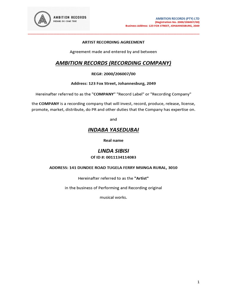Artists Recording Agreement Ambition Records Indaba YaseDubai | PDF ...