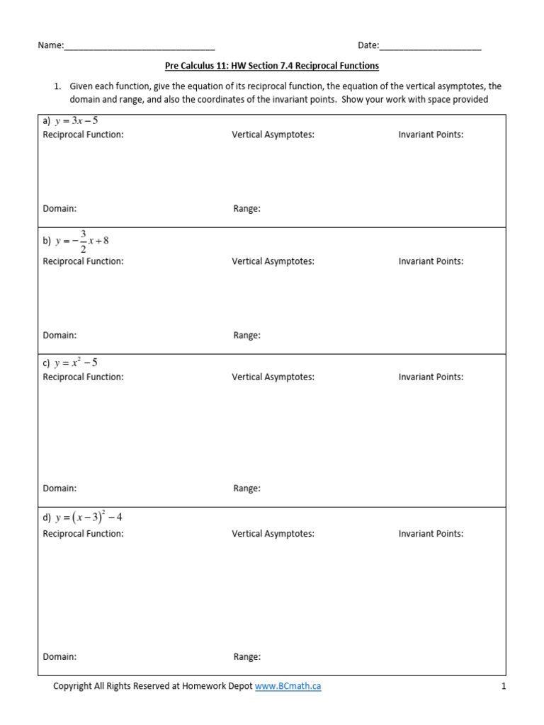 HW 7.4 Reciprocal Functions | Download Free PDF | Function (Mathematics) | Asymptote