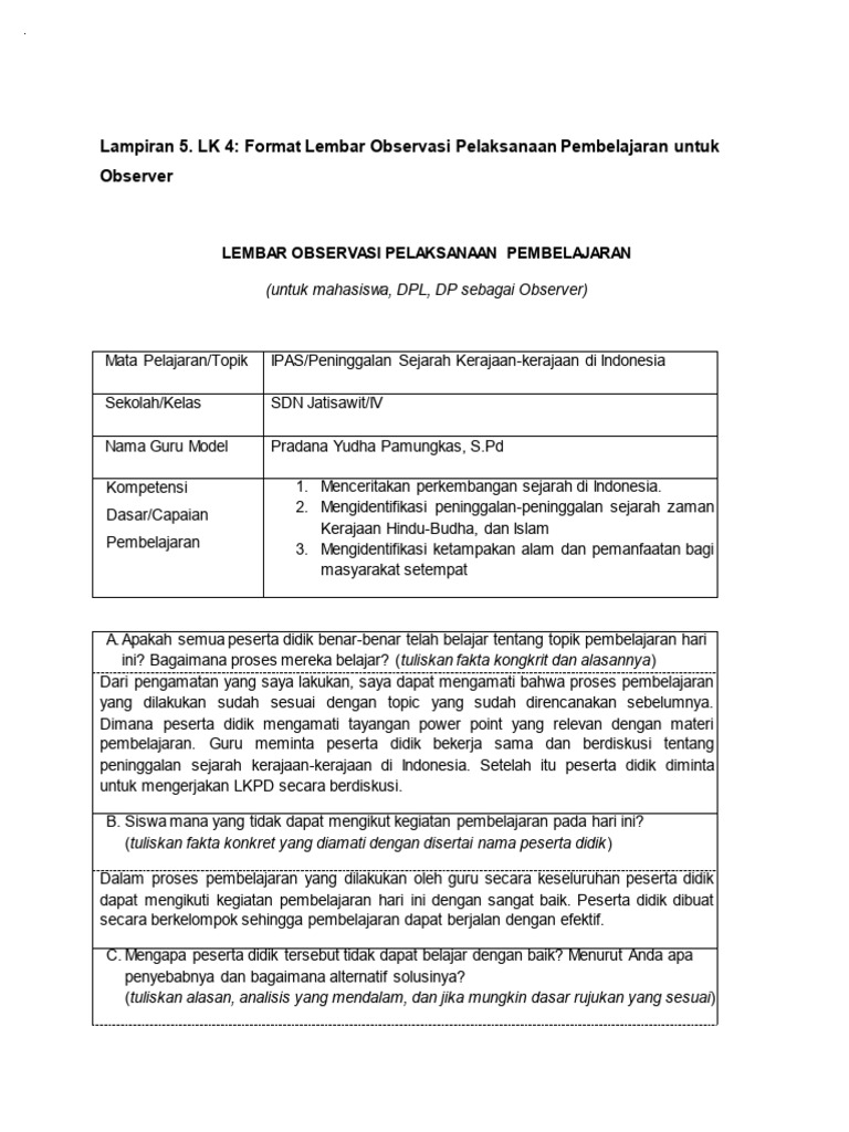 Lisa F (23105260200) - Lampiran 5. LK 4 Format Lembar Observasi Pelaksanaan Pembelajaran Untuk ...