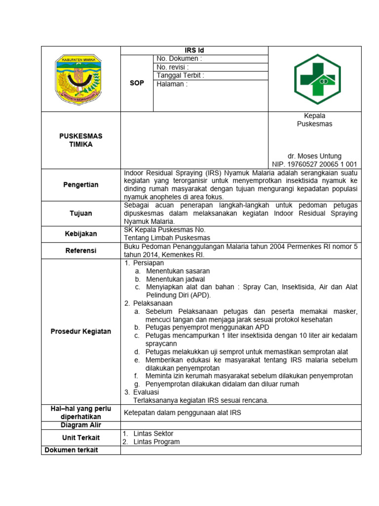 Prosedur IRS Nyamuk Malaria Puskesmas | PDF