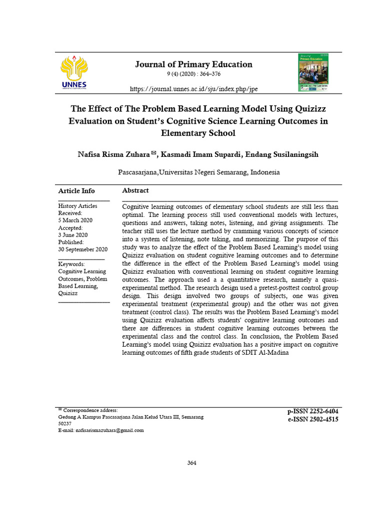 The Effect of The Problem Based Learning Model Using Quizizz Evaluation | Download Free PDF ...