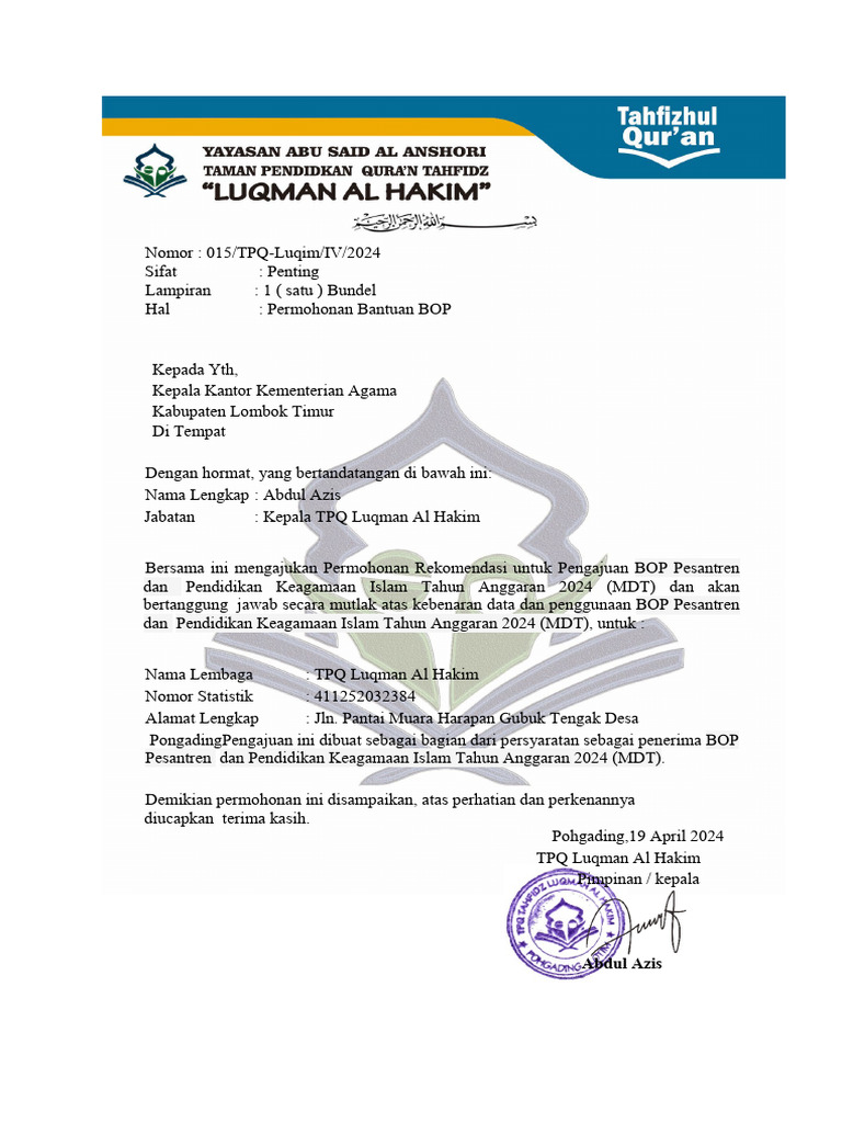 Surat Permohonan Bantuan BOP TPQ 2024 | PDF