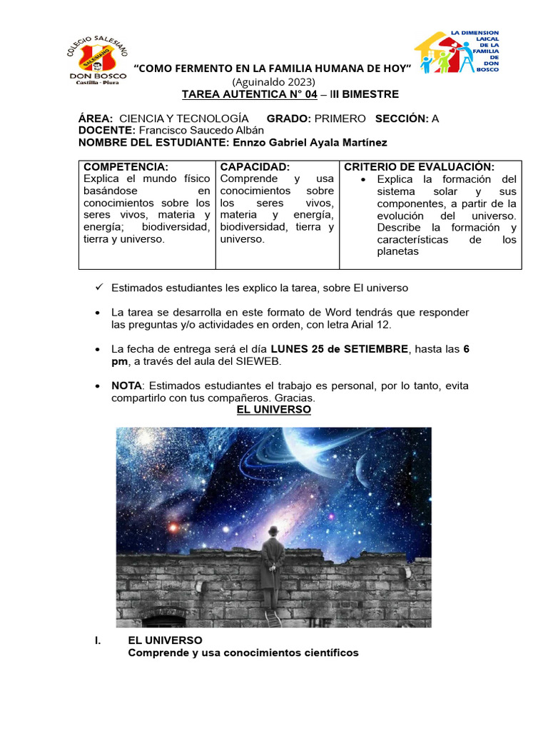 Tarea Autentica N 04 El Universo Primer Ano Eda 3 Iii Bimestre 2023 ...