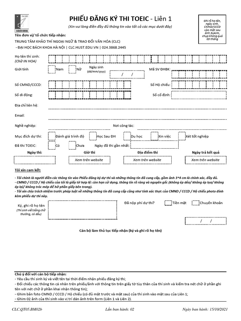 Form Phieu DK Thi Toeic Quoc Te 2024 | PDF