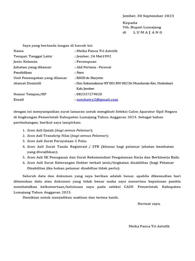 Surat Lamaran DLL Tika | PDF