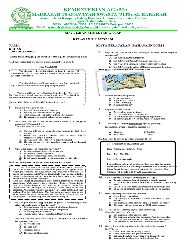 Soal Ujian Semester Genap Bahasa Inggris | PDF | Teaspoon | Tablespoon