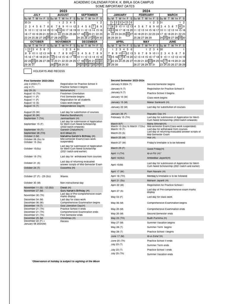 Academic Calendar 2023 24 | PDF | Educational Institutions | Holidays