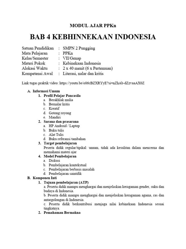 MODUL AJAR PPKn BAB 4 KEBHINNEKAAN INDONESIA | PDF