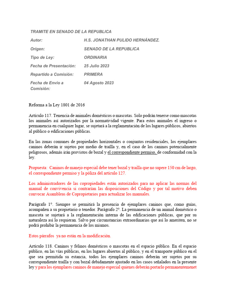 Reforma Ley 1801 De 2016 Pdf Mascota Multa Pena