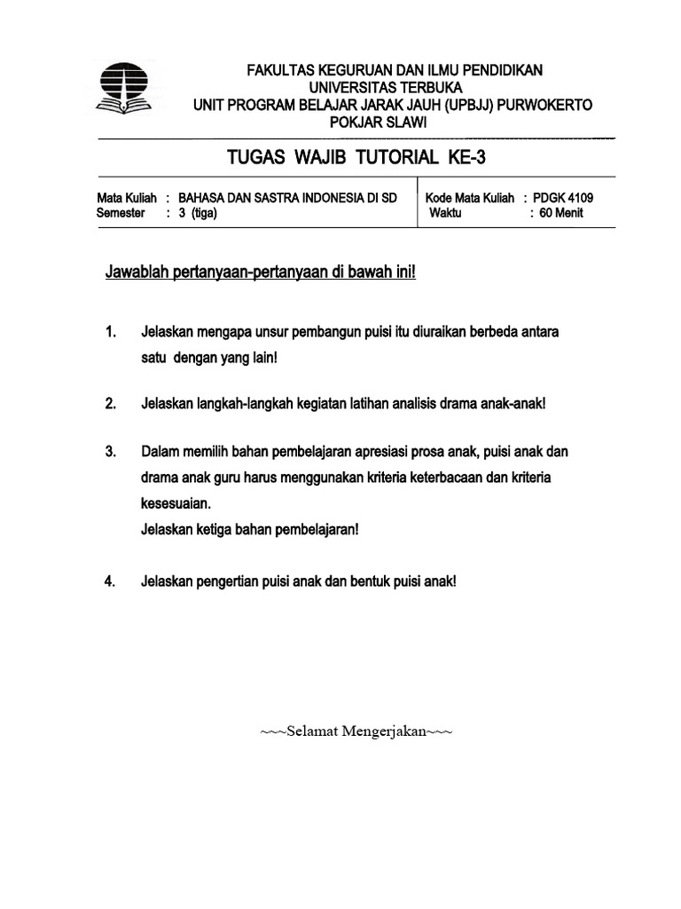 Soal Tugas Tutorial 3 Bahasa Dan Sastra Indonesia | PDF | Komputer