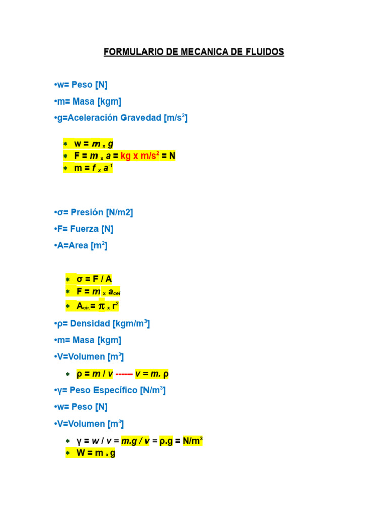 FORMULARIO DE MECANICA DE FLUIDOS | PDF