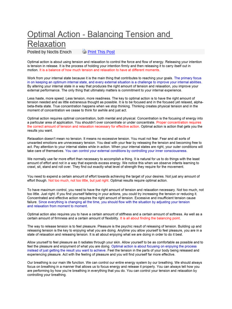 Optimal Action - Balancing Tension and Relaxat | PDF | Feeling | Emotions