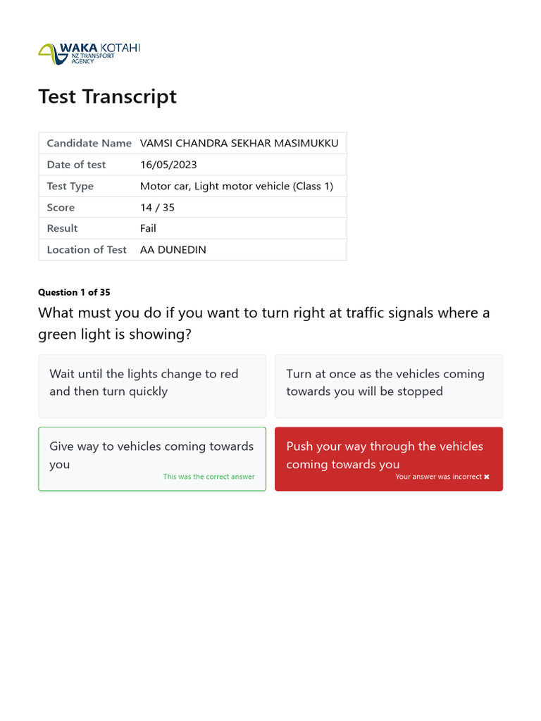Driving Test Results for Vamsi Masimukku | PDF | Lane | Traffic