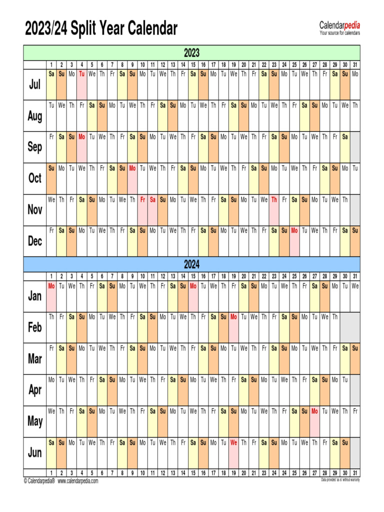 Split Year Calendar 2023 2024 Landscape Linear | PDF