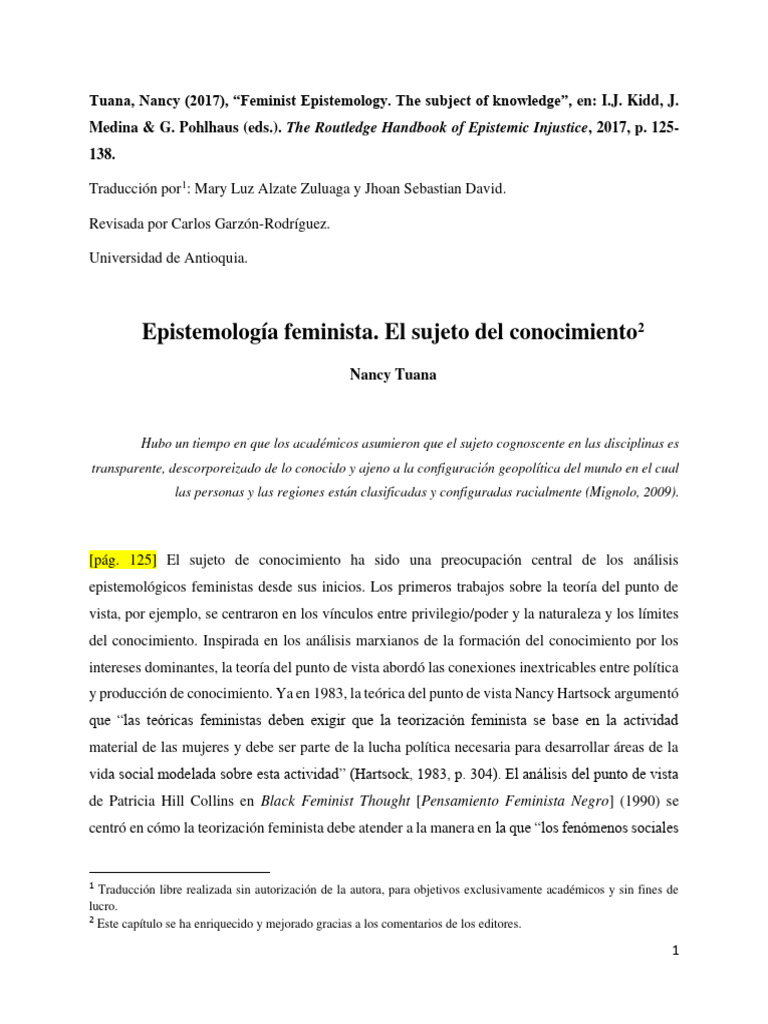 Tuana, Nancy. 2017, Epistemología Feminista. El Sujeto Del Conocimiento ...