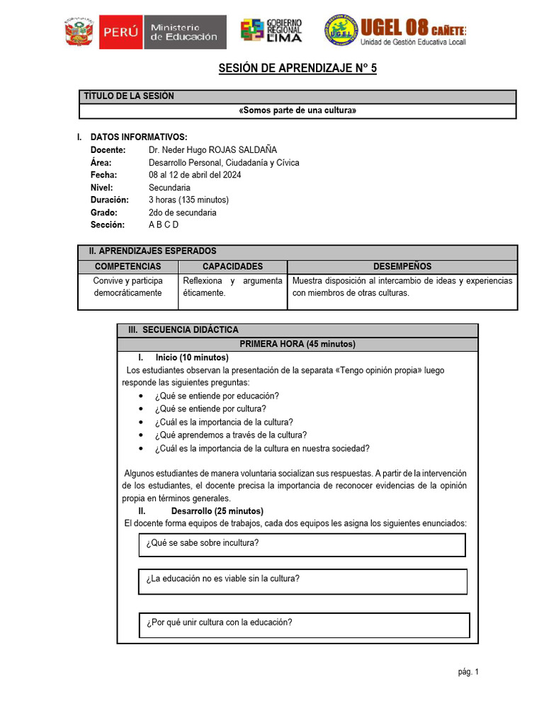 Sesión de Aprendizaje #5 | PDF | Maestros | Aprendizaje