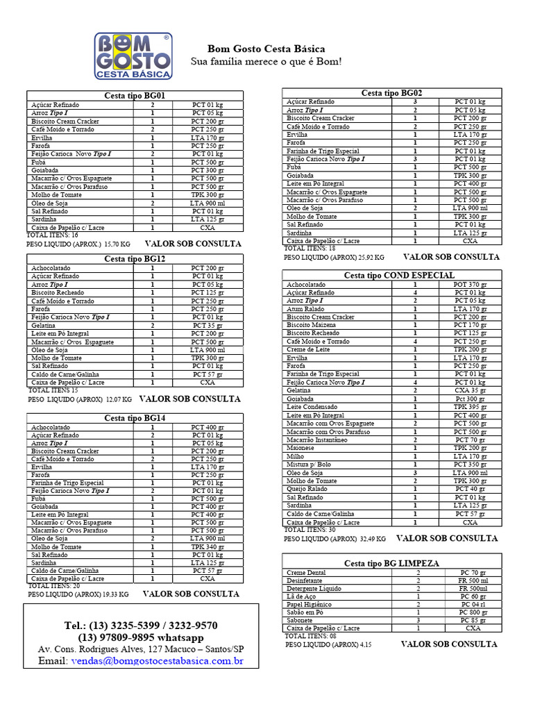 Tabela de Cestas Sob Consulta | PDF | Culinária | Alimentos