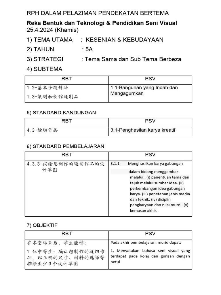 RPH Pendekatan Bertema RBT&PSV 25.4.2024 | PDF