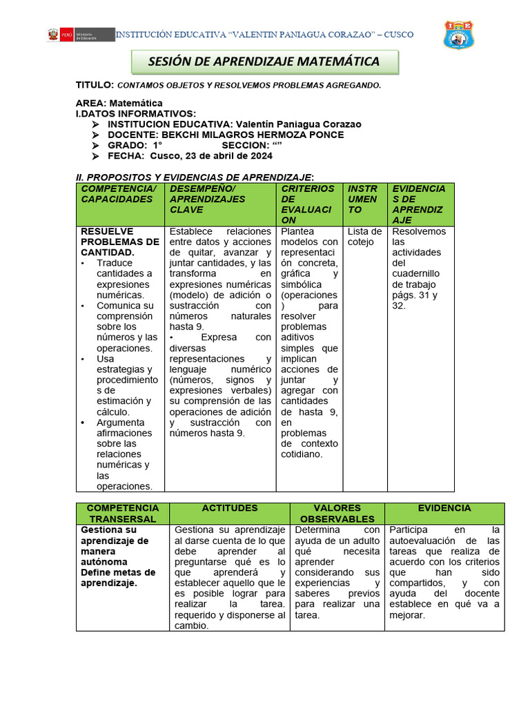 Sesión de Aprendizaje Matemática | Descargar gratis PDF | Aprendizaje | Cognición