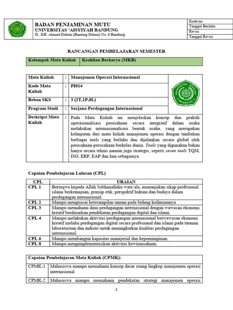 RPS - Manajemen Operasi Internasional | PDF