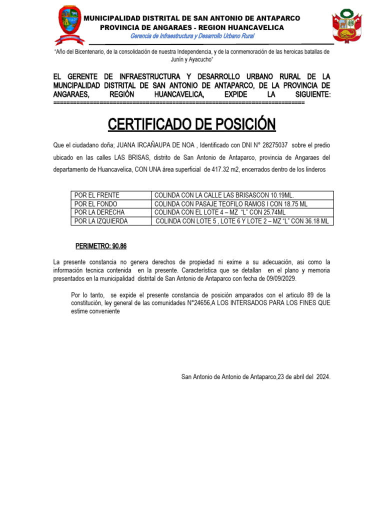 Certificado de Posicion | PDF