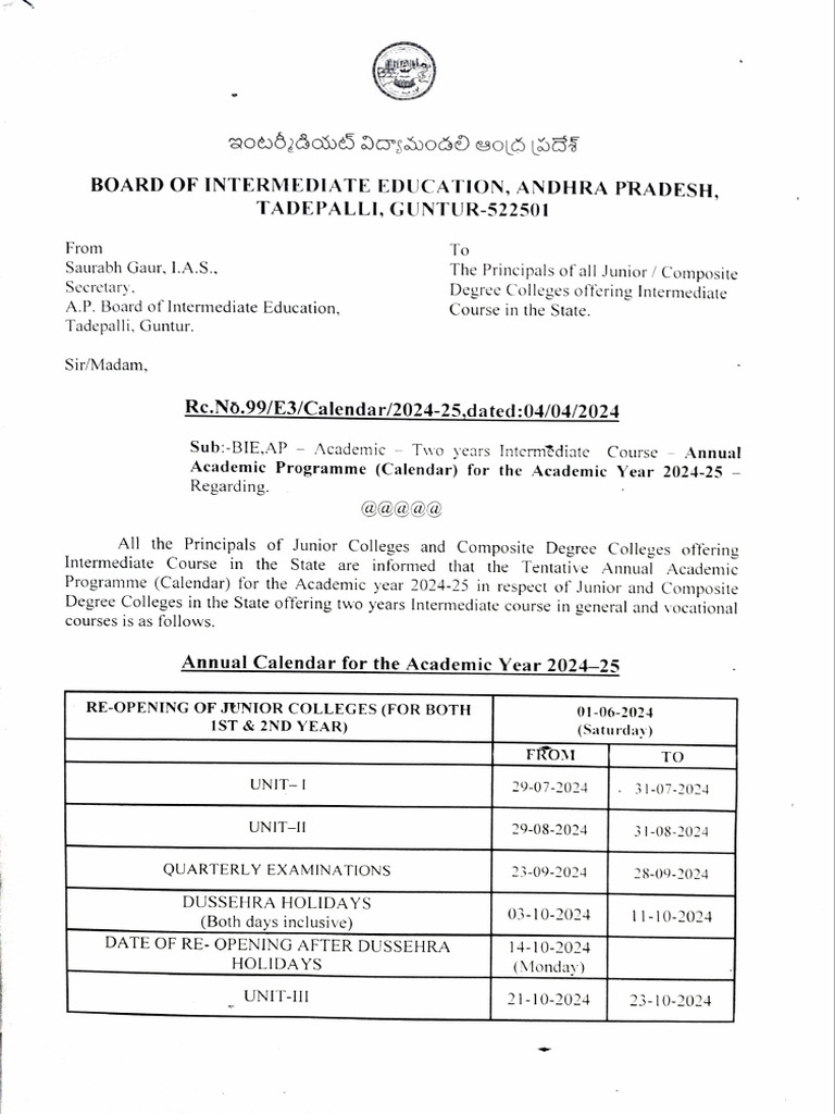 Revised Annual Academic Calendar 2024-25 | PDF
