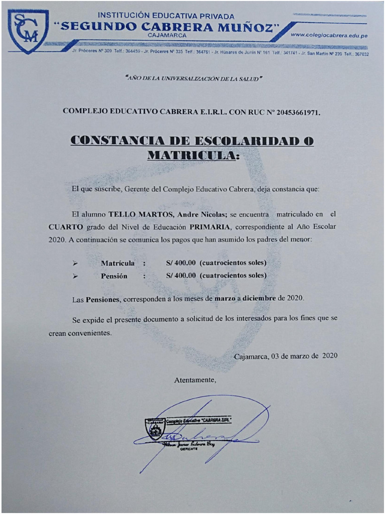 Constancia Escolaridad Andre Tello | PDF