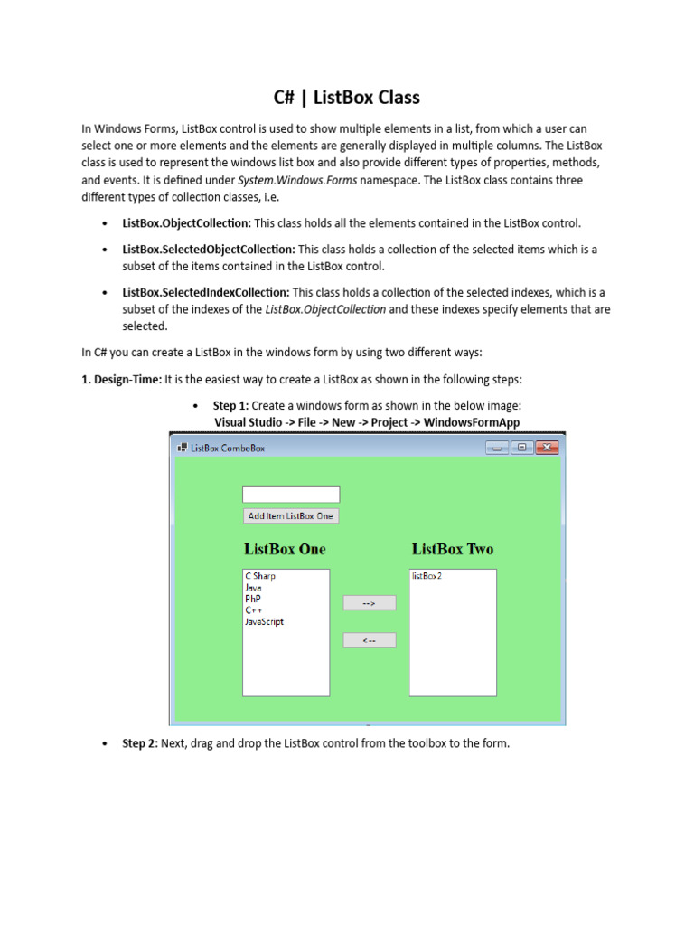 ListBox in C Sharp Updated | PDF | Class (Computer Programming) | C Sharp (Programming Language)