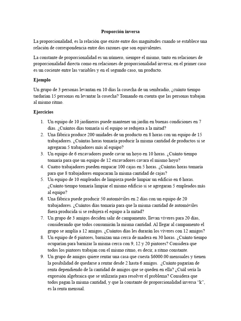 Ejercicios de Proporcionalidad Inversa | PDF