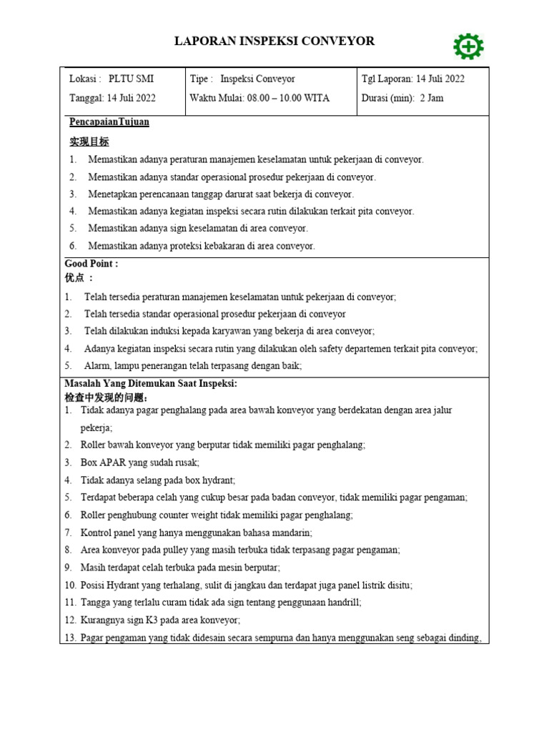 Inspeksi Conveyor PLTU SMI | PDF | Teknologi & Rekayasa
