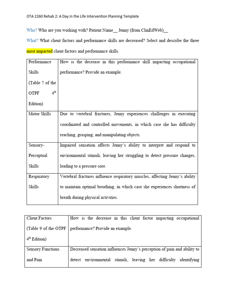 OTA 2260 Rehab Intervention Planning Template | PDF | Physical Therapy ...