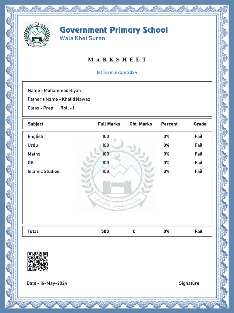 Class - Prep - MarkSheet | PDF
