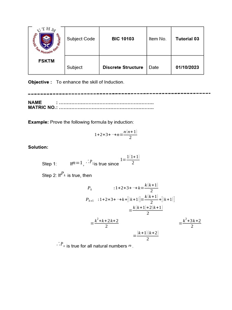 tutorial03bic10103.docx | PDF | Mathematical Proof | Summation