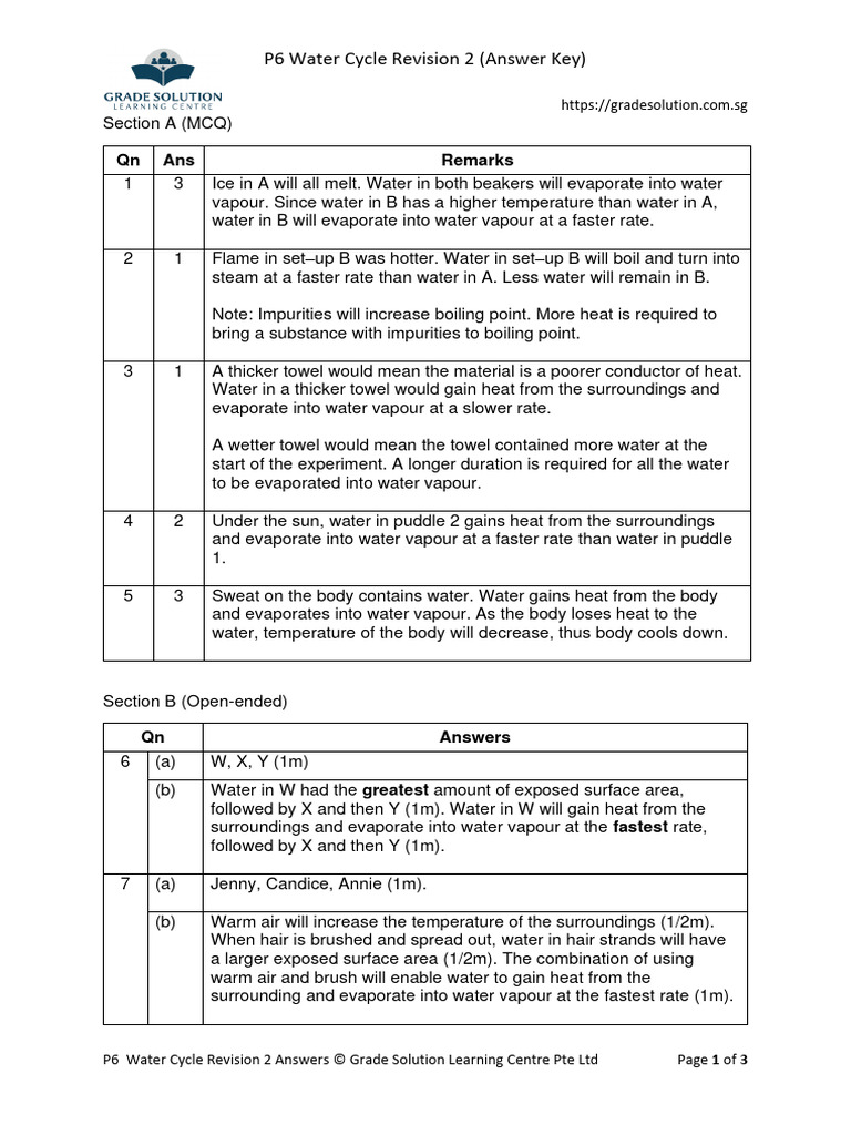 P6 Water Cycle Revision 2 Worksheet Answers | PDF | Water | Evaporation