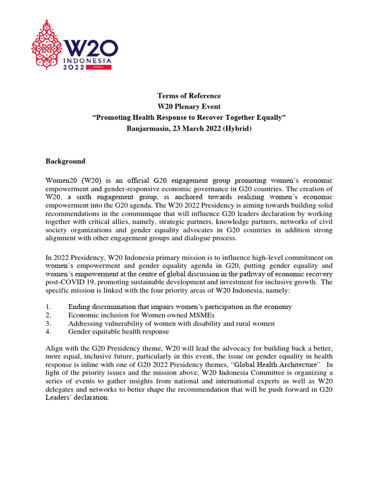TOR - W20 Plenary On Promoting Health Response - ALL | PDF | Empowerment | Gender Equality