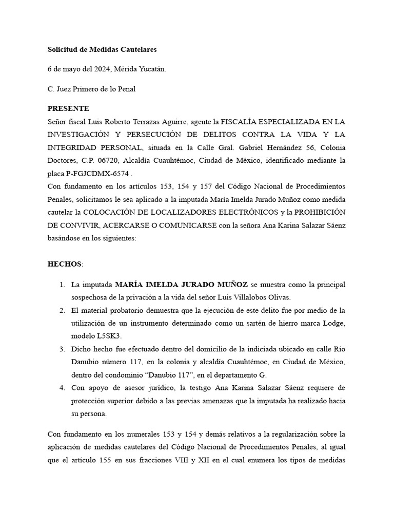 Ejemplo de Solicitud de Medidas Cautelares (Fiscalía) | PDF | Política | Ciencias sociales