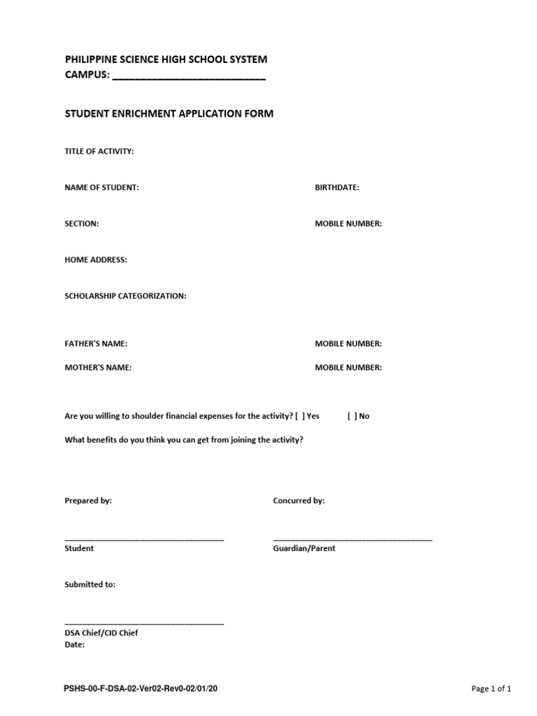 PSHS 00 F DSA 02 Ver02 Rev0 Student Enrichment Application Form | PDF | Career & Growth