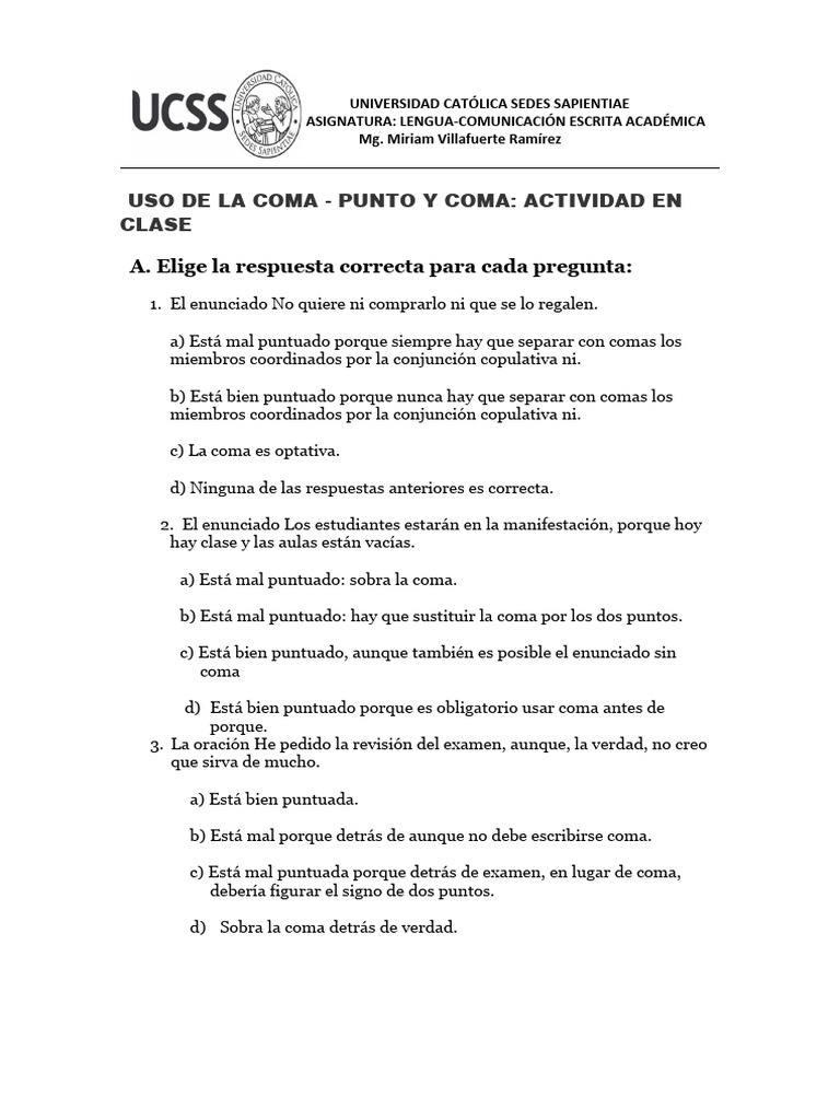USO DE LA COMA- PUNTO Y COMA - ACTIVIDAD EN CLASE | PDF
