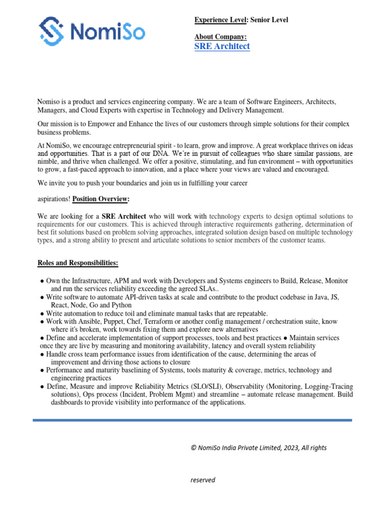 Senior SRE Architect Position at Nomiso | PDF | Cloud Computing ...
